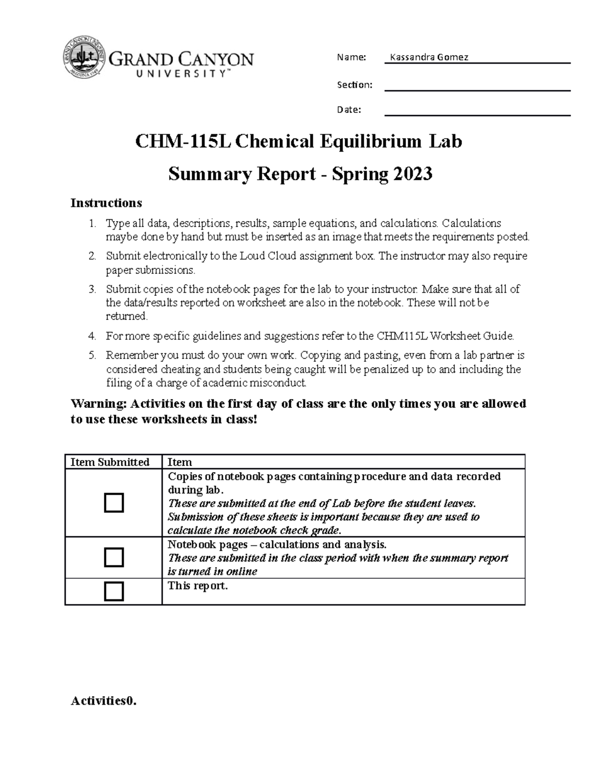 CHM 115L RS Lab 4: Chemical Equilibrium Summary Report Sp23 - Studocu