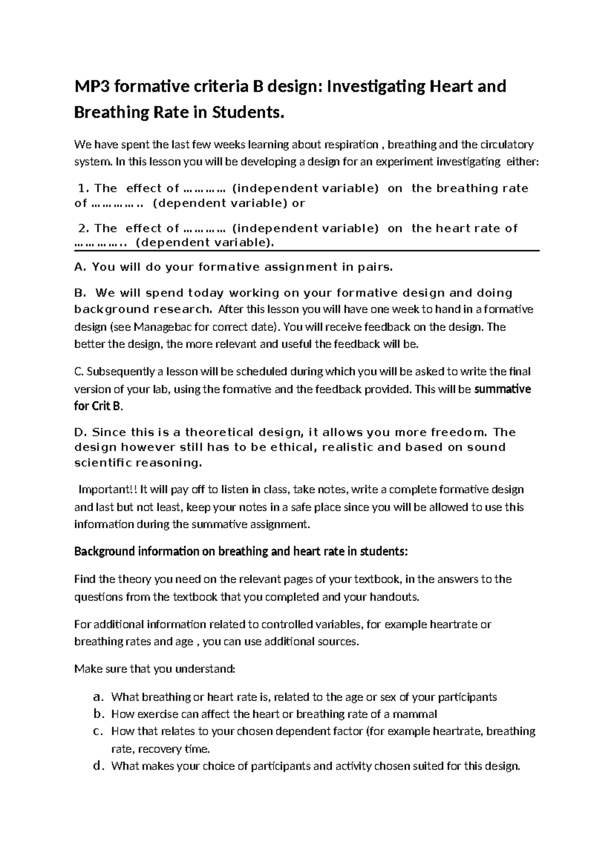 2026 MP3 Formative Criteria B: Heart & Breathing Rate Design - Studeersnel