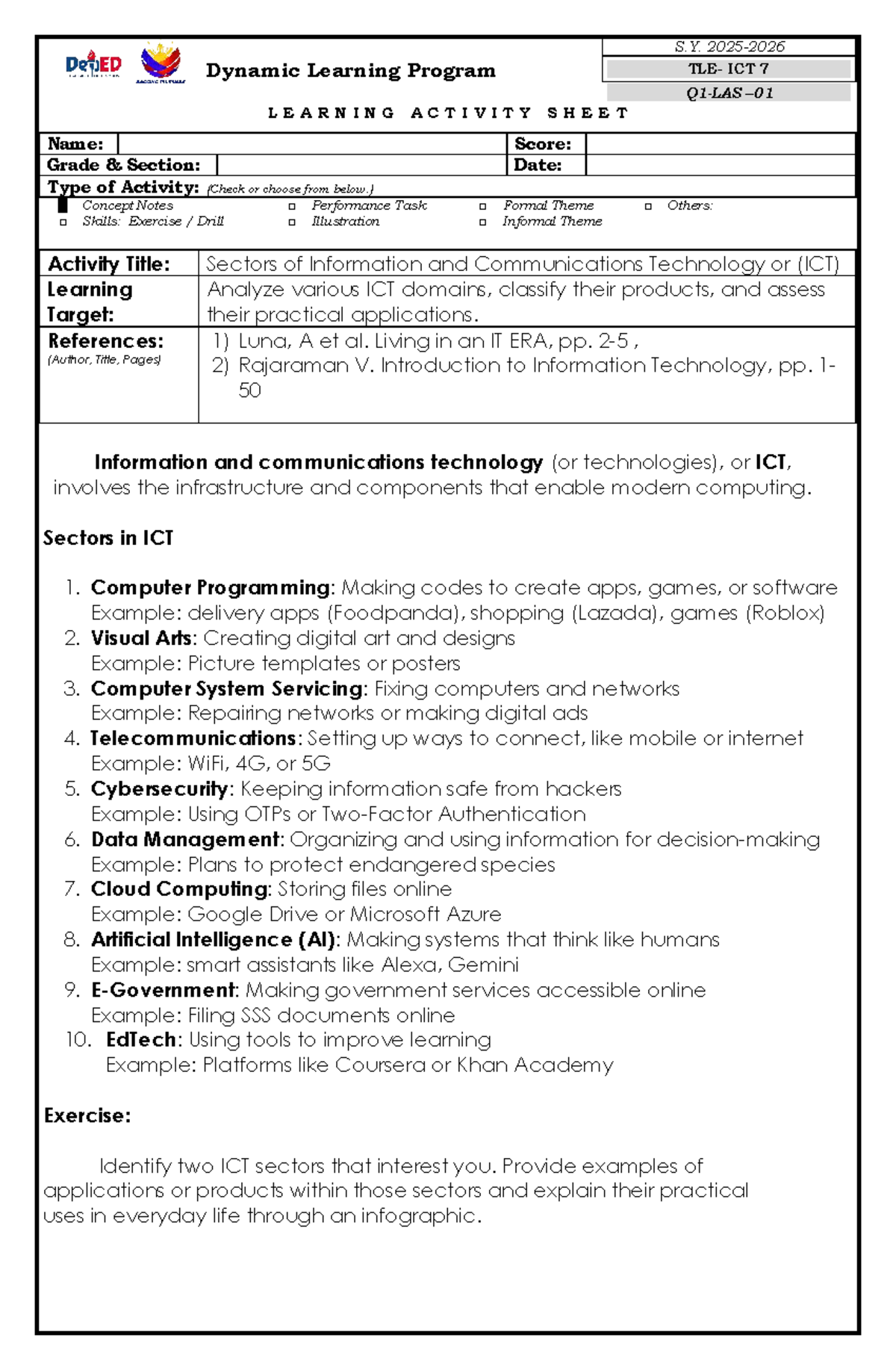 Q1-TLE7-ICT-LAS-01: Exploring Sectors of ICT and Their Applications ...