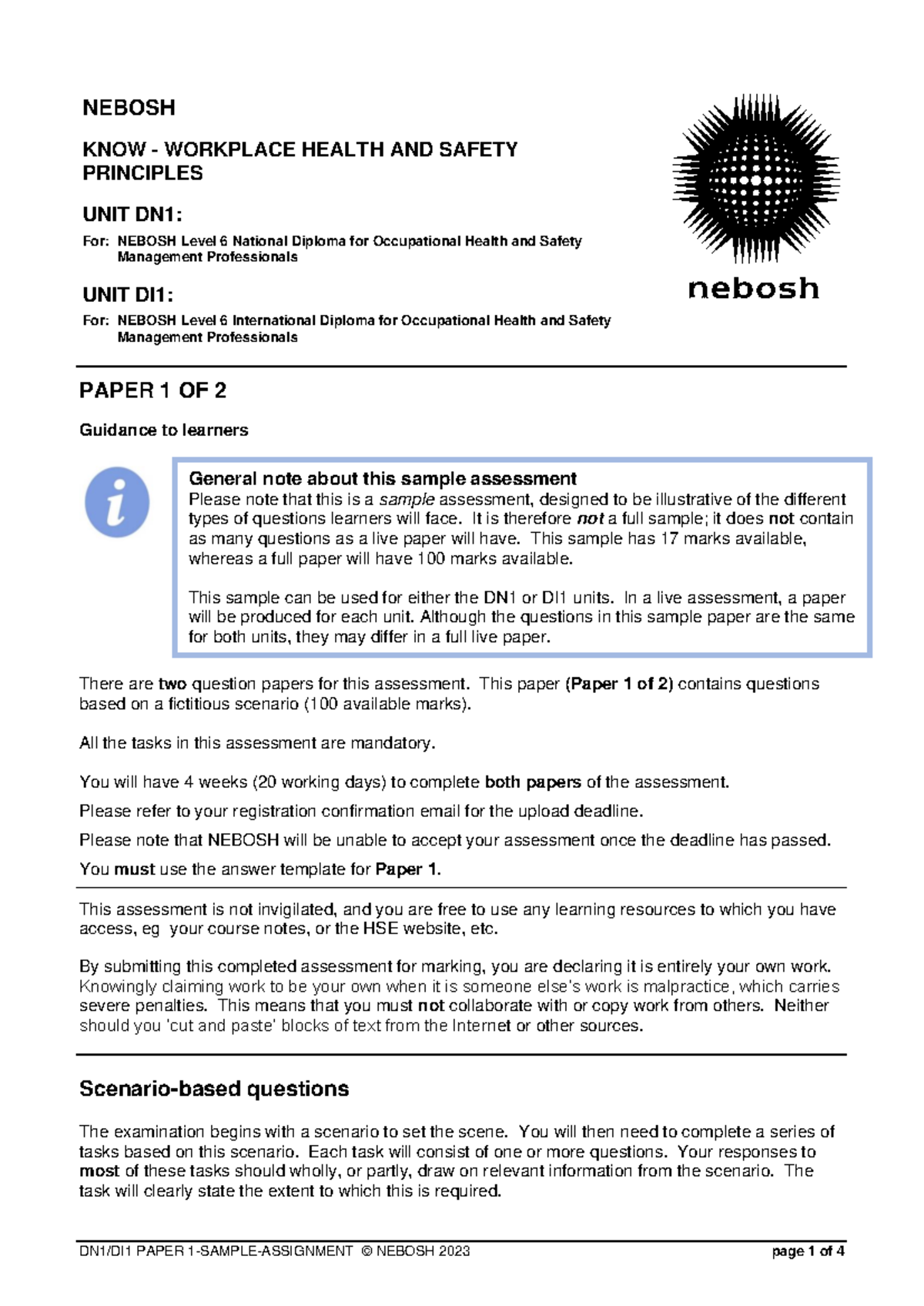 NEBOSH DN1/DI1 2023 Sample Assessment: Workplace Health & Safety Paper ...