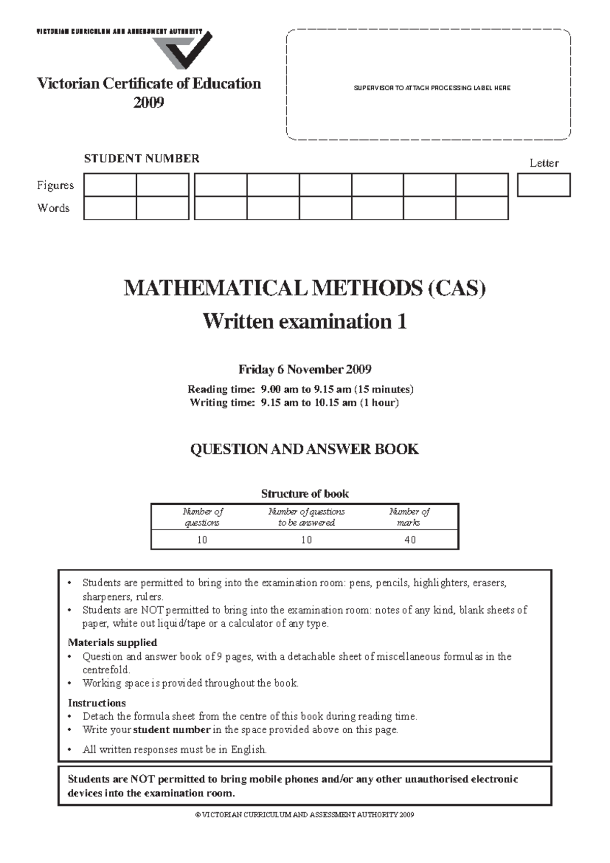2009 vcaa exam 1 - Pass Paper - MATHEMATICAL METHODS (CAS) Written ...