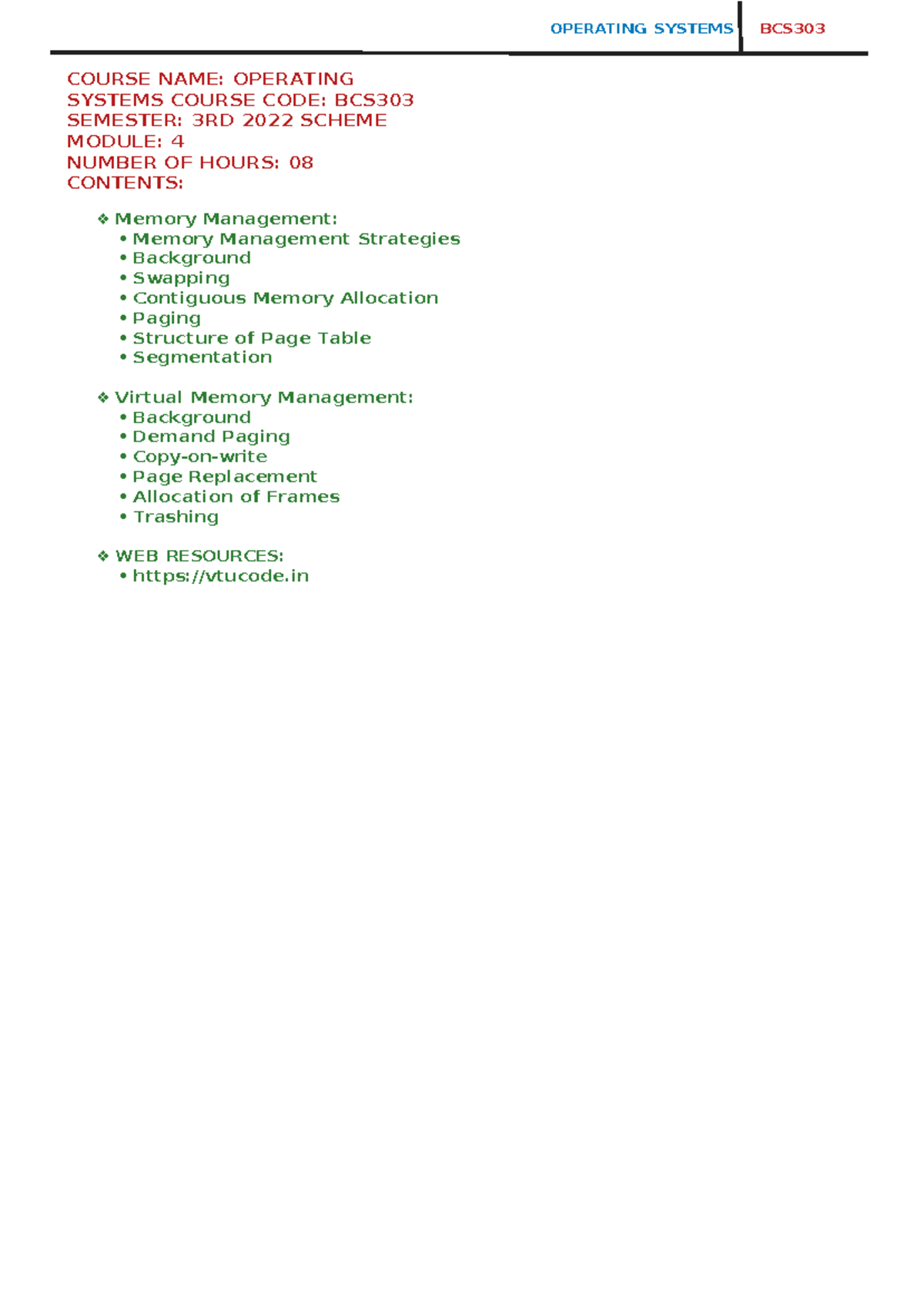 Memory Management Strategies in Operating Systems (BCS303) - Studocu