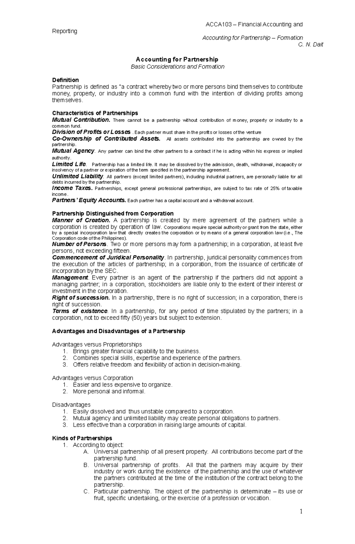 Partnership Formation and Accounting Insights - ACCA103 - Studocu