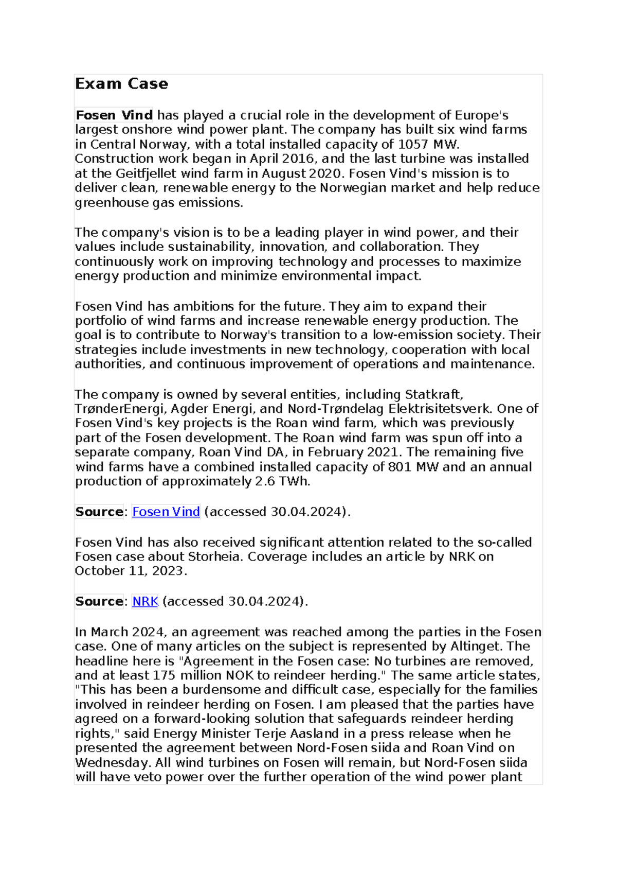 Fosen Vind Exam Case Study - Insights on Norway's Wind Power Industry ...