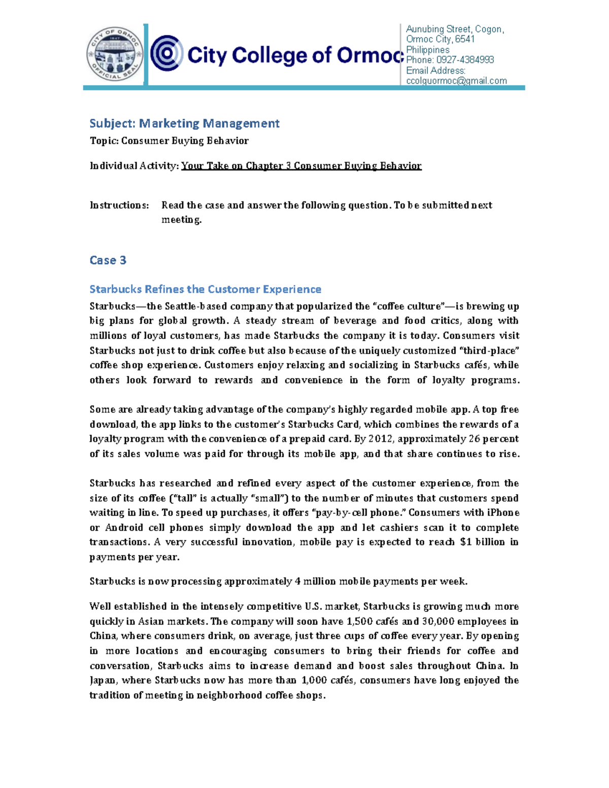 Marketing Mgt - Chapter 3 - Consumer Buying Behavior Case Study - Studocu