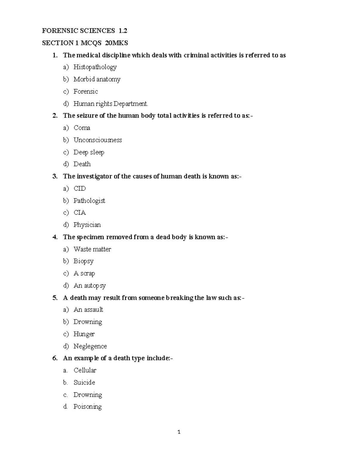 1.2 Forensic Science Final Exam MCQs & SAQs (60 MKS) - Studocu