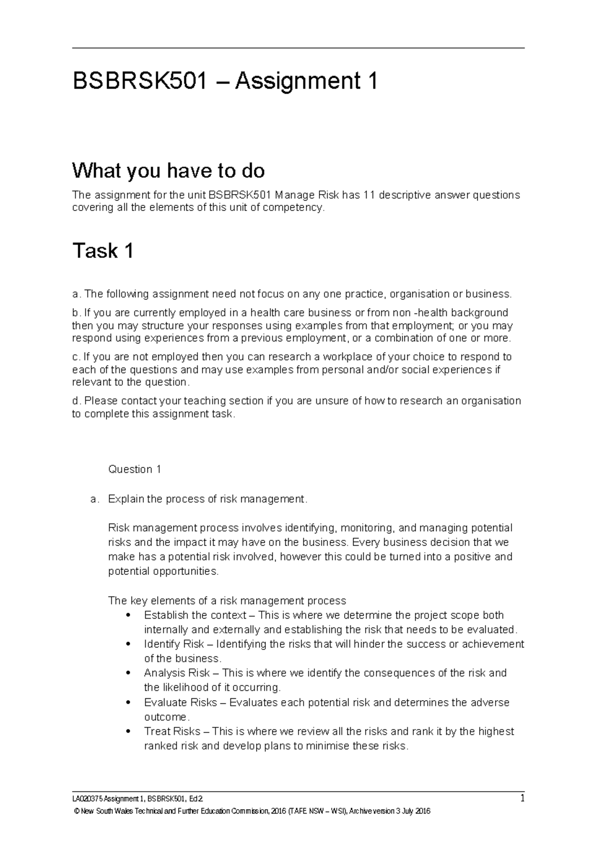 BSBRSK501 Assignment 1: Comprehensive Risk Management Guide - Studocu