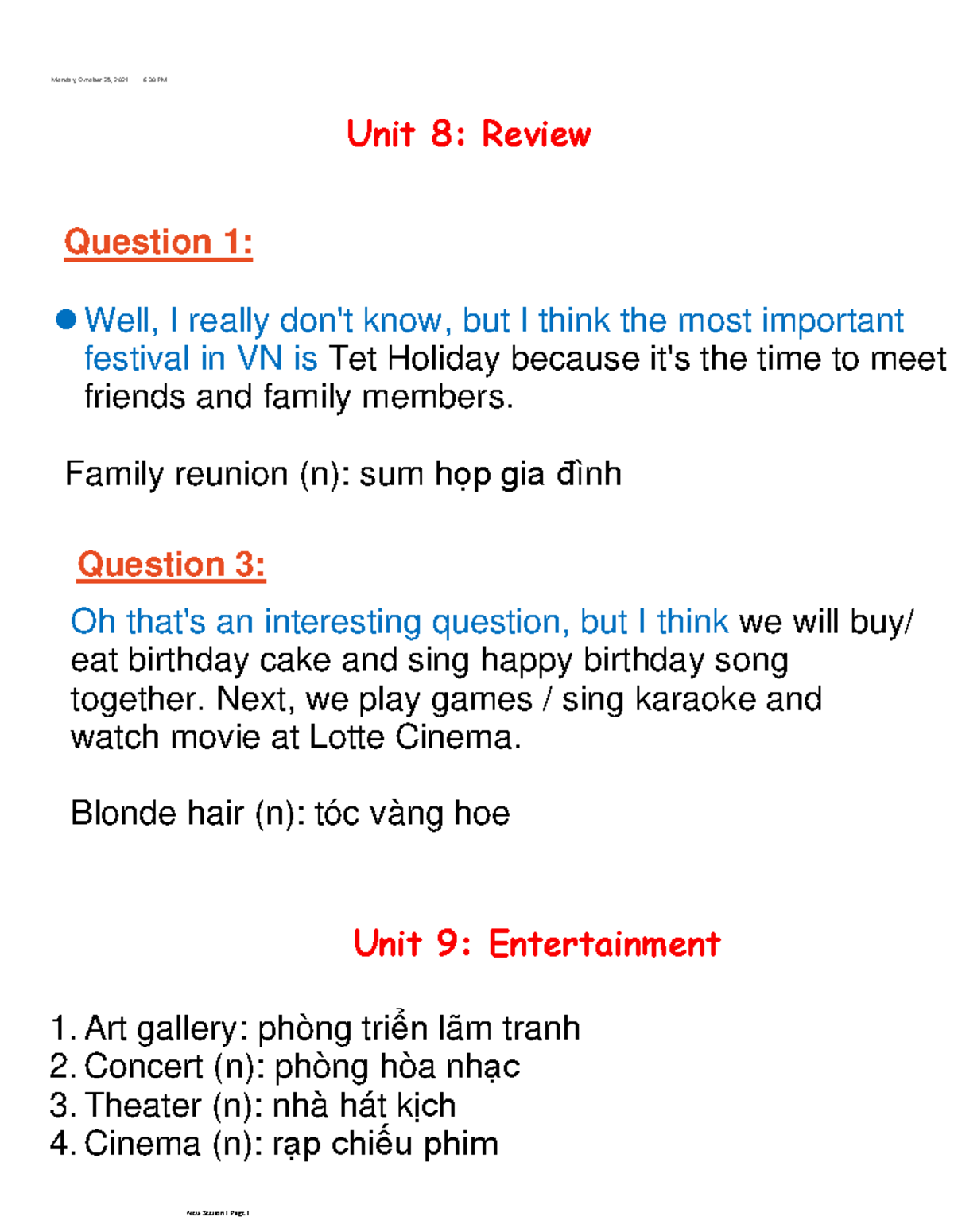 Unit 8 Review - tiếng anh myelt sách bài tập - Unit 8: Review Question ...