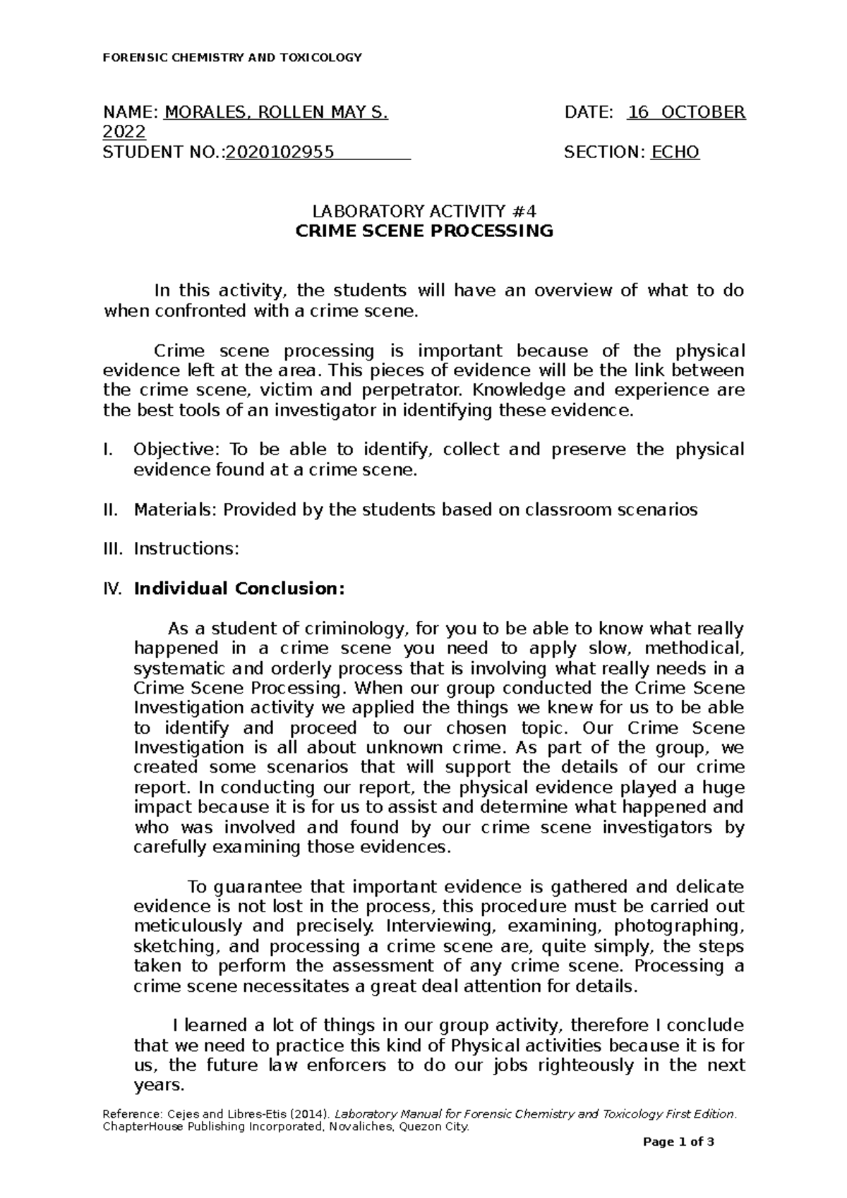 Laboratory Activity 4 - Crime Scene Processing - FORENSIC CHEMISTRY AND ...