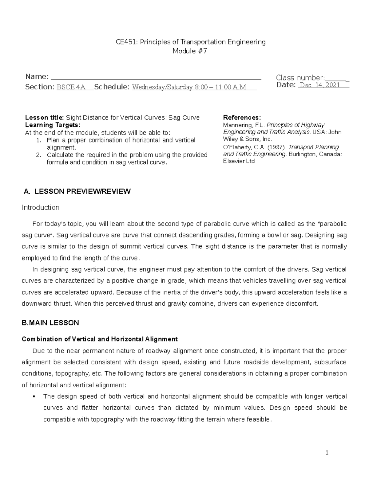 CE451 Lesson on Sag Vertical Curves and Sight Distance - Studocu