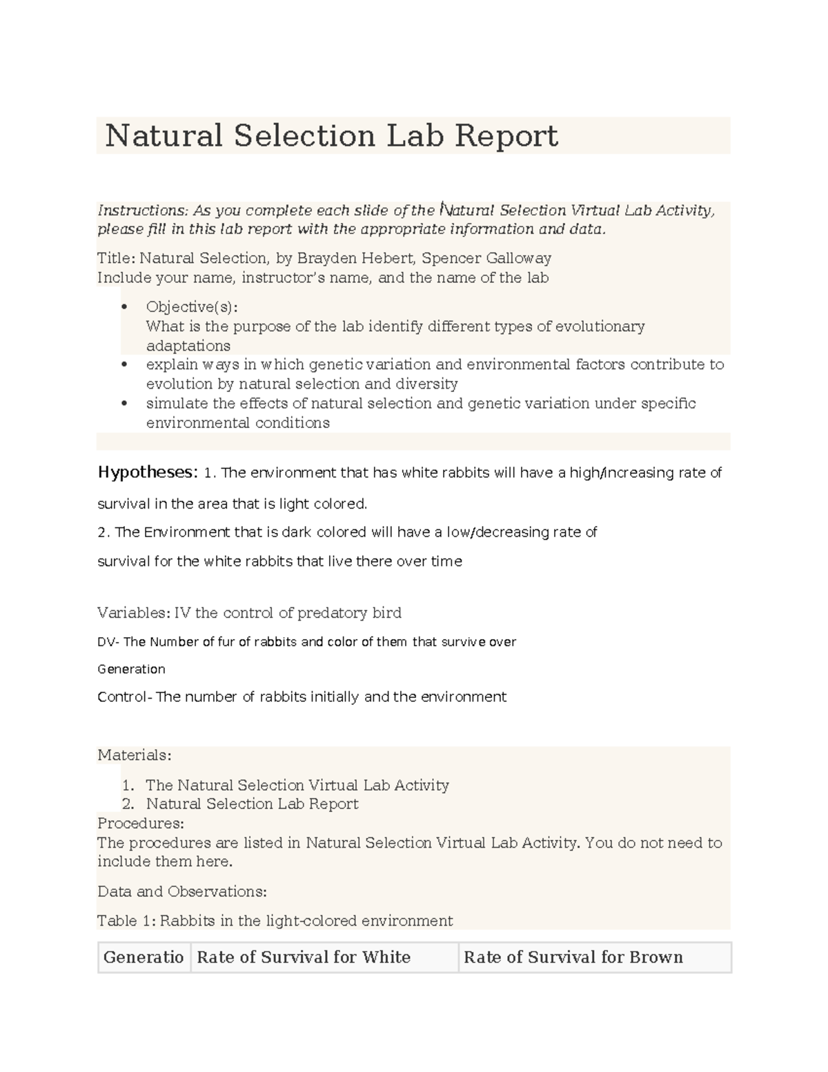 Natural Selection Lab Report (Bio 101) - Data & Analysis Details - Studocu