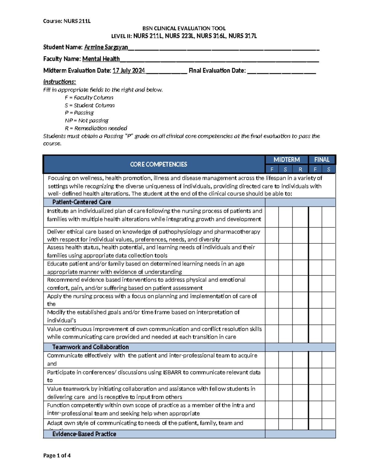 NURS 211L Midterm & Final Clinical Evaluation Tool Level II - Studocu