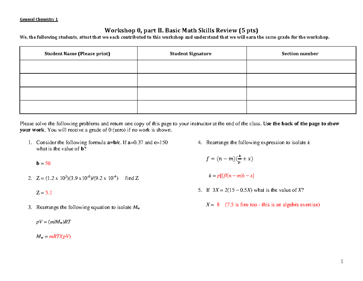 General Chemistry 1 Workshop 0: Basic Math Skills Review (Part II ...