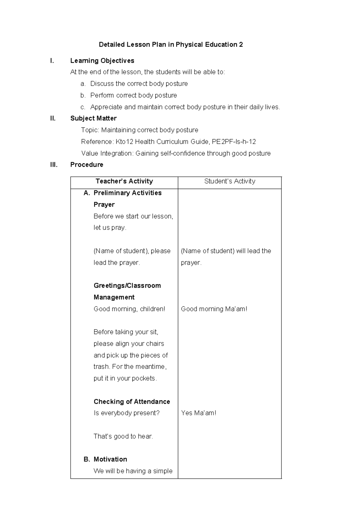 DLP-PE2-Final: Maintaining Correct Body Posture Lesson Plan - Studocu