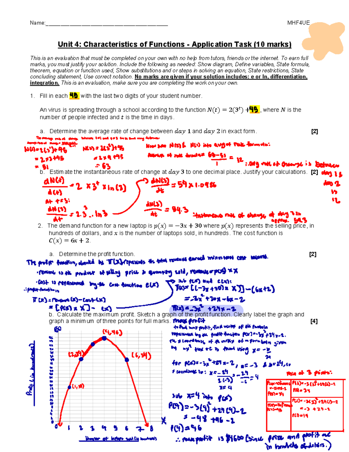 MHF4U Unit 4: Functions Application Task Evaluation (10 Marks) - Studocu