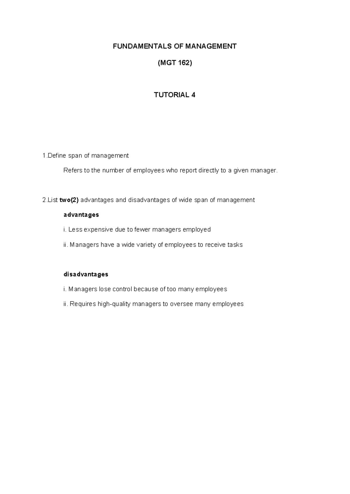 Tutorial 4 - chapter 4 - FUNDAMENTALS OF MANAGEMENT (MGT 162) TUTORIAL ...