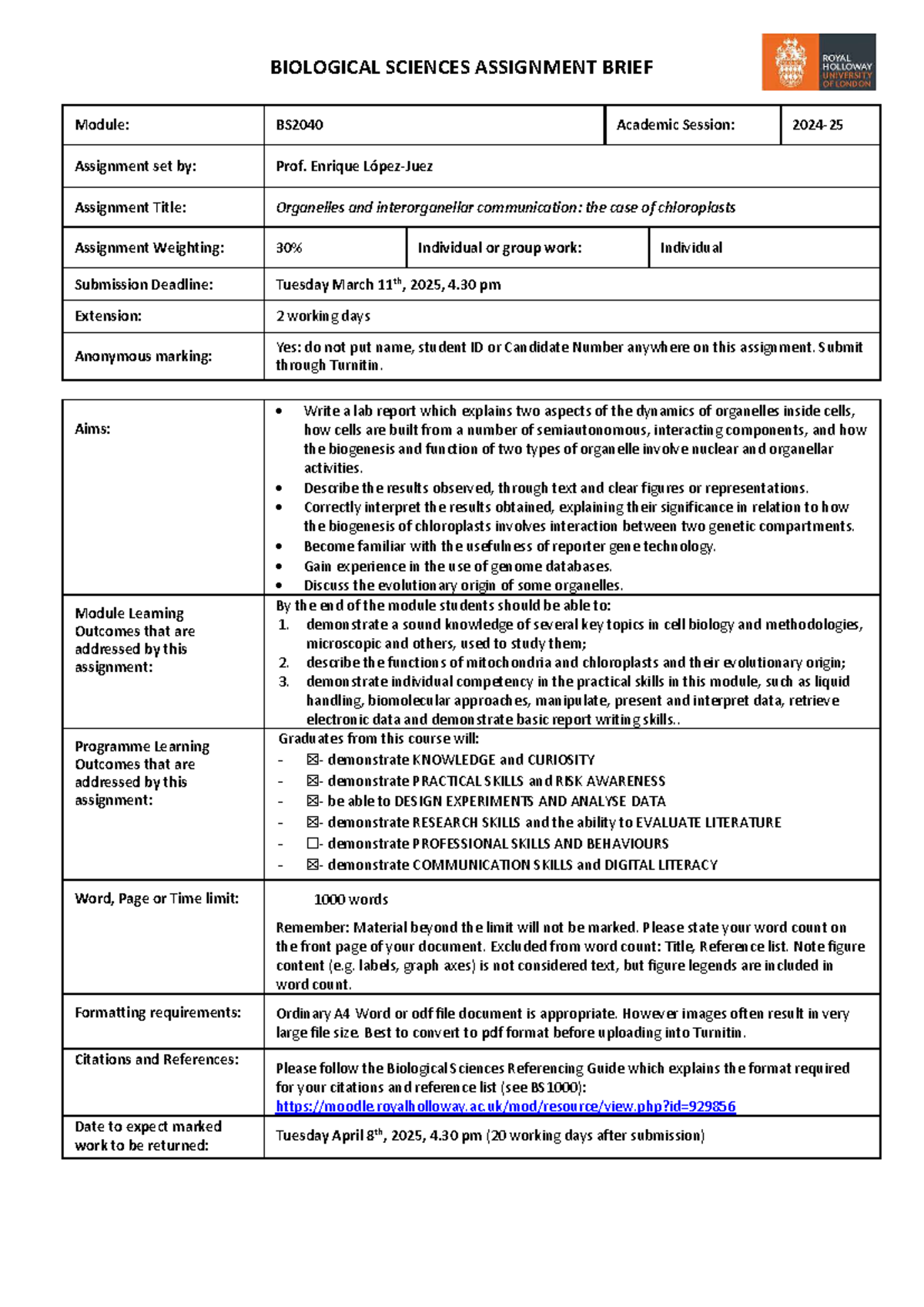 BS2040 Lab Report Assignment Brief - BIOLOGICAL SCIENCES ASSIGNMENT ...
