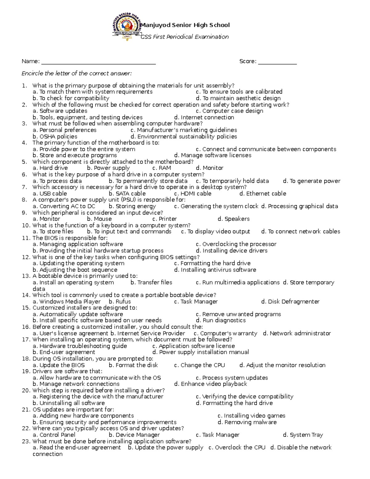 CSS COC1 G12 - First Periodical Exam Guide for Computer Assembly - Studocu