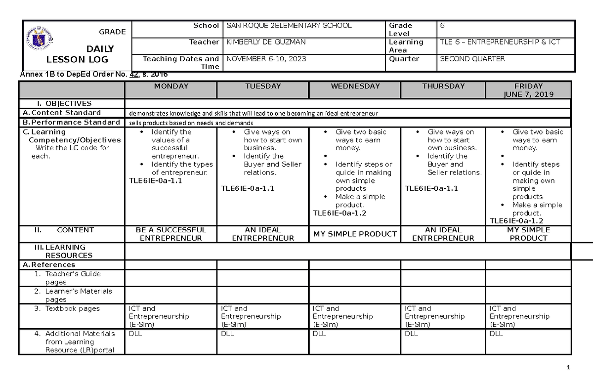 DLL TLE-ICT WEEK 1 - Daily Lesson Log for Grade 6 - Studocu