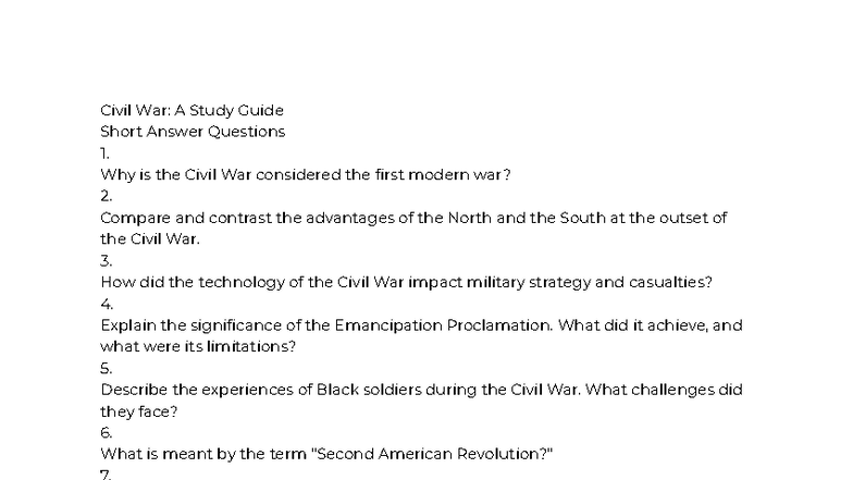 Civil War Study Guide: Key Concepts and Historical Timeline - Studocu