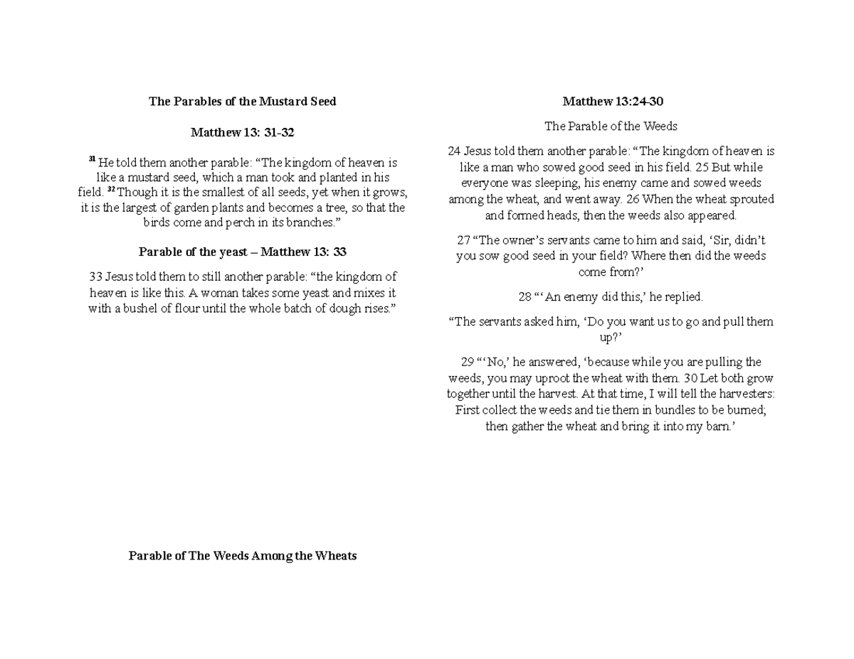 Parables in Matthew 13: Mustard Seed, Yeast, and Weeds Explained - Studocu