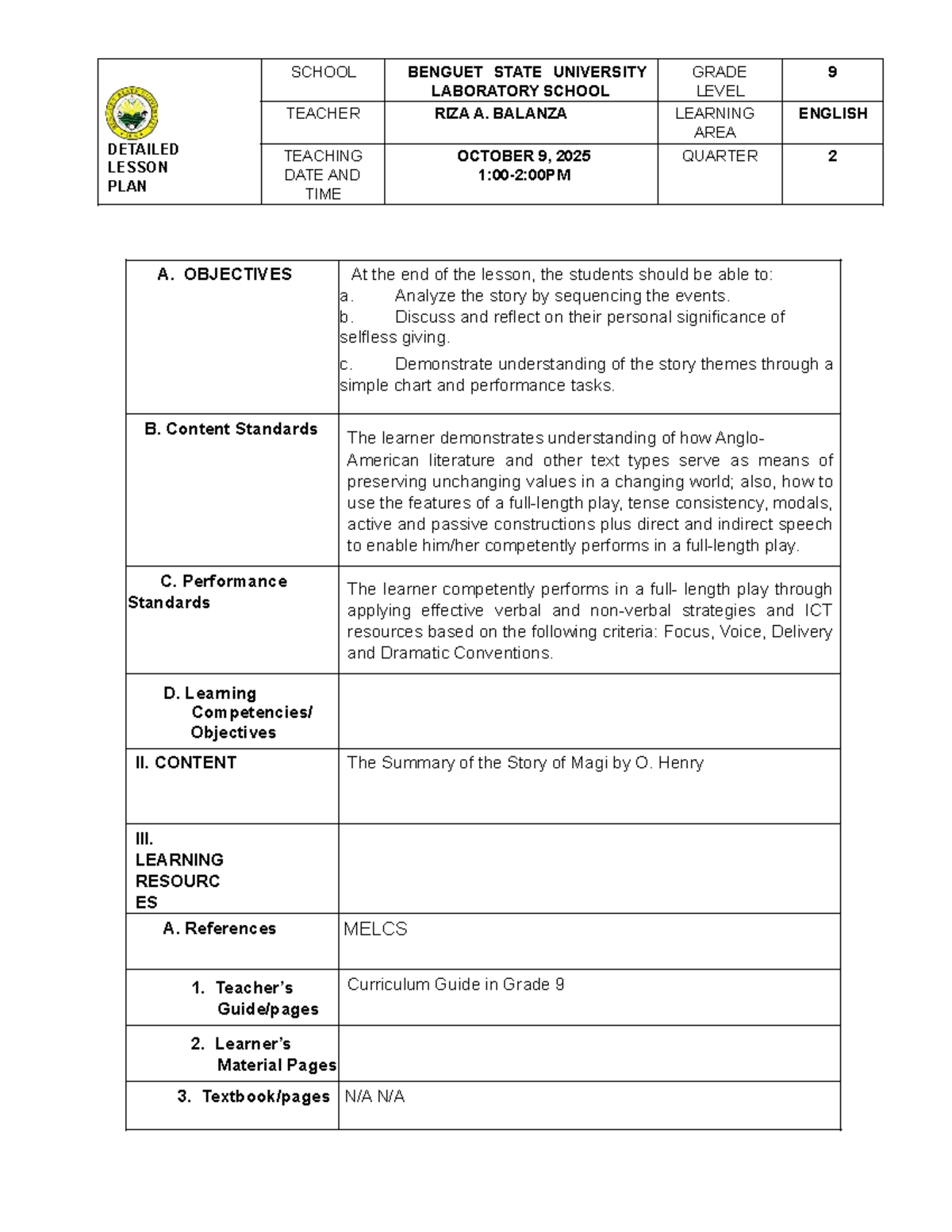 DLP Lesson Plan: Analyzing "The Gift of the Magi" - Grade 9 English ...