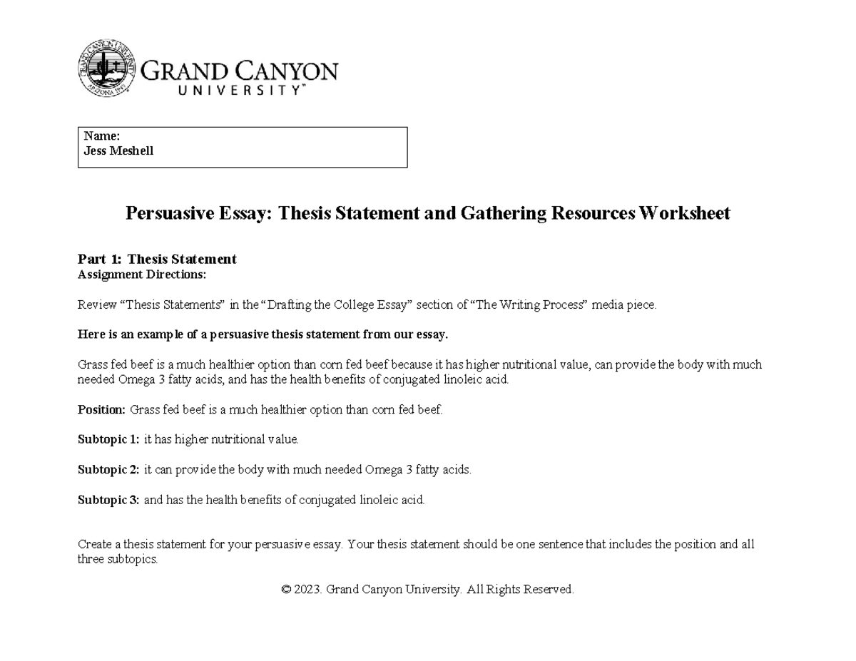 PHI105 T3 Persuasive Essay Thesis Statement & Resource Gathering - Studocu