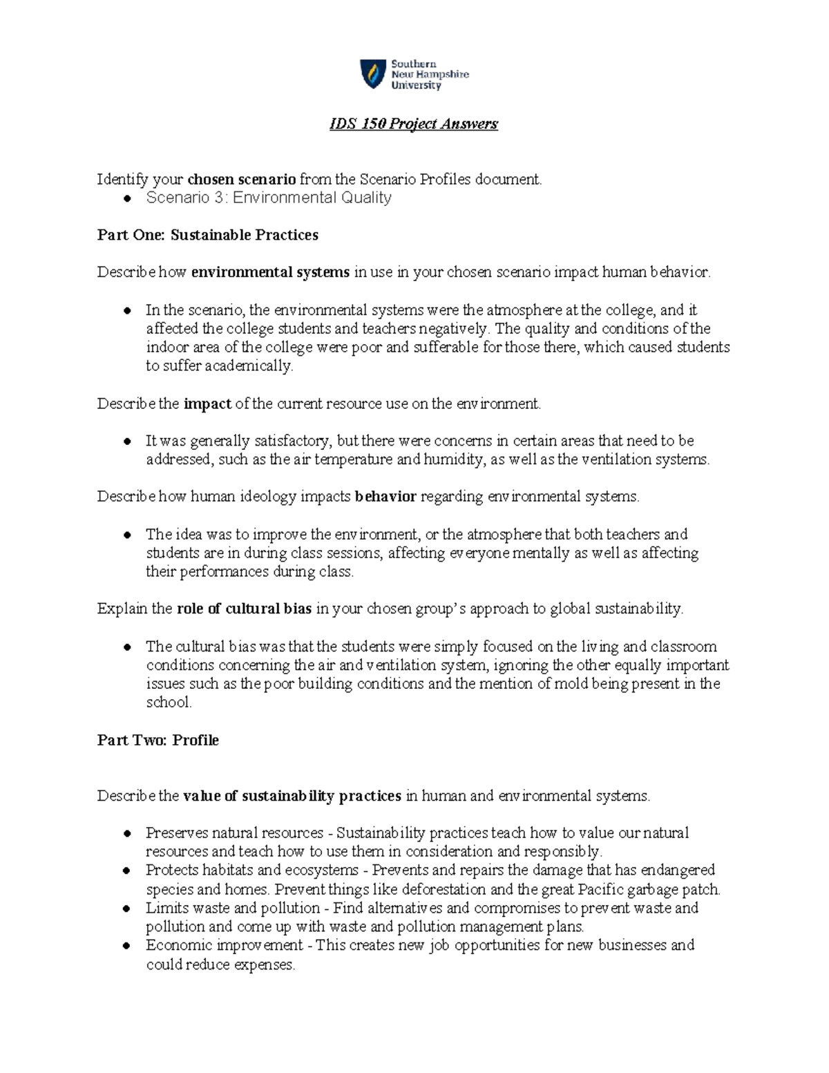 IDS 150 Project Draft: Environmental Quality & Sustainability Practices ...