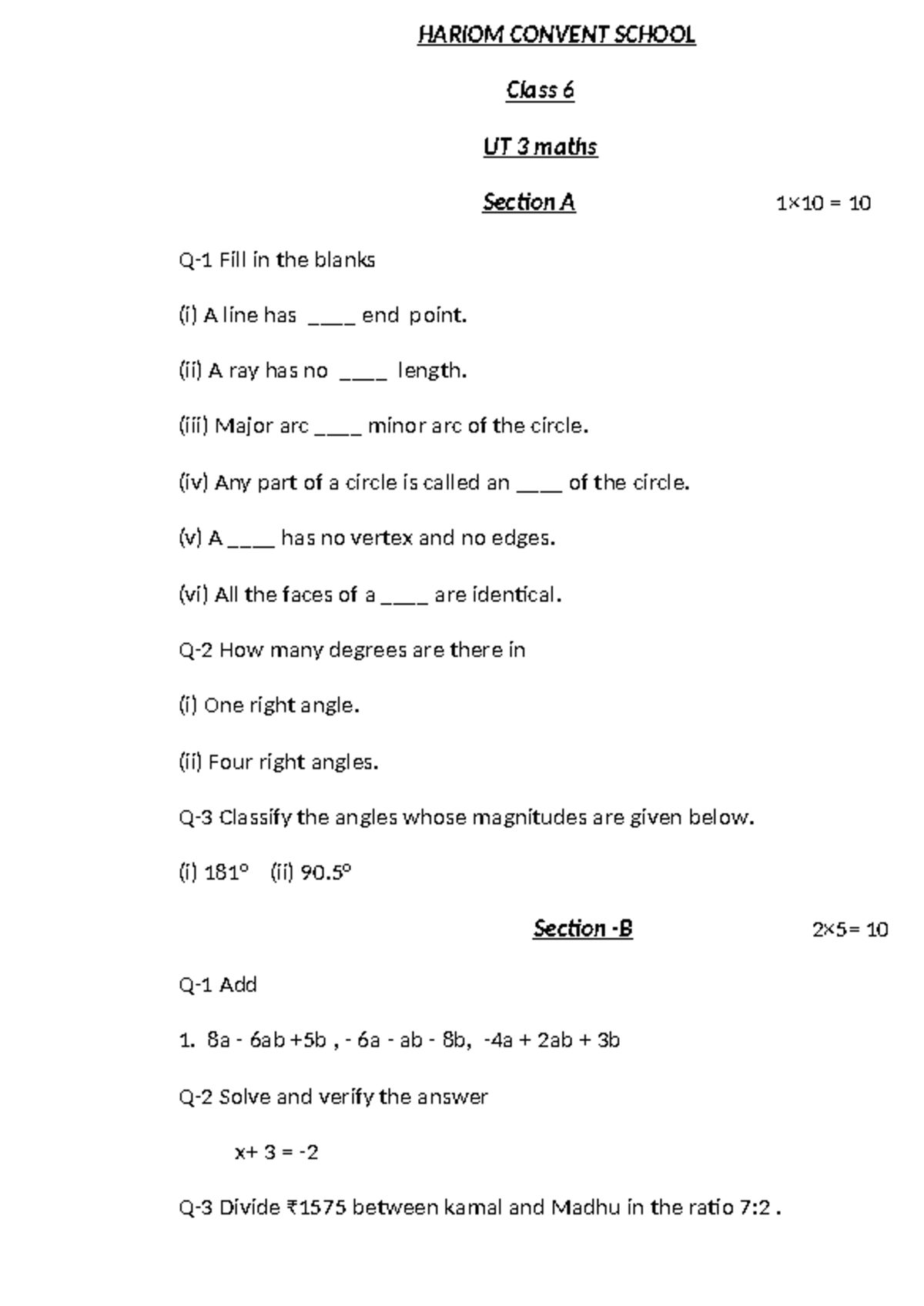 Class 6 UT 3 Maths Fill in the Blanks & Problem Solving - Studocu