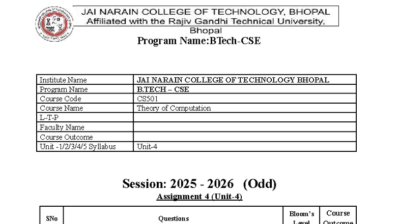 CS501 Theory of Computation Unit 4 Assignment - JNCT 2025-2026 - Studocu