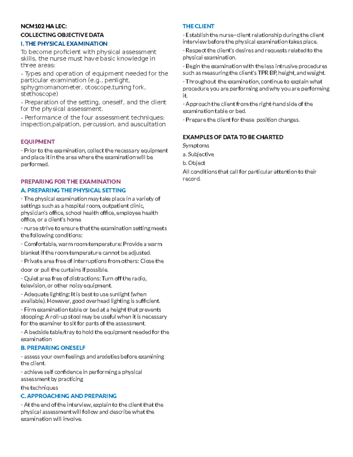 Module 3, Collecting Objective Data, HA Lec - NCM102 HA LEC: COLLECTING ...