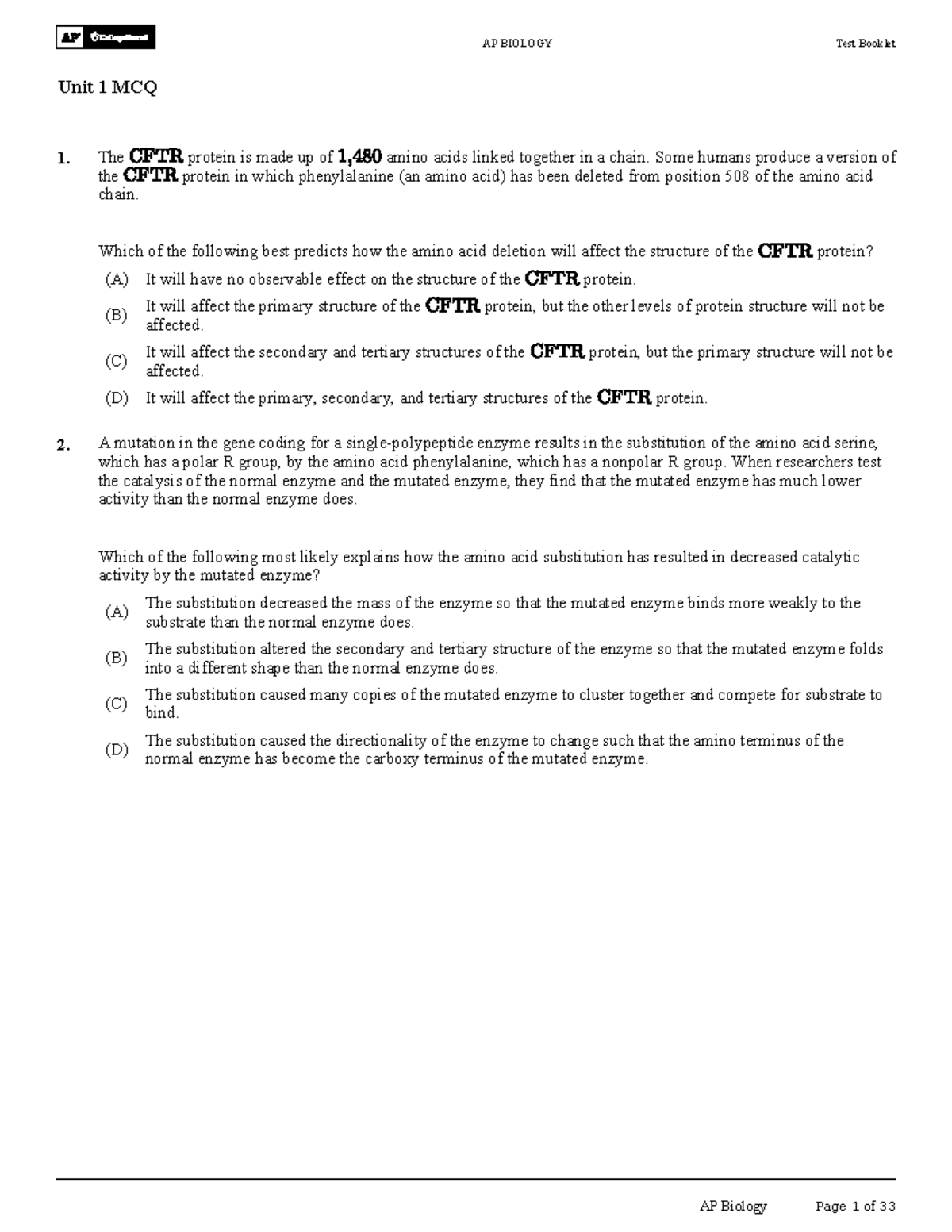 AP BIOLOGY Test Booklet Unit 1 MCQ Review and Practice - Studocu