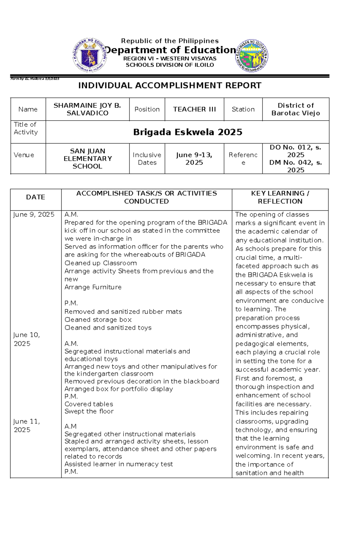 Brigada Eskwela 2025 Accomplishment Report MIN2 - Studocu