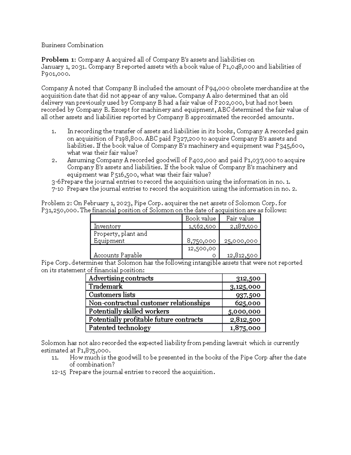 Business Combinations Analysis: Problems & Journal Entries - Studocu
