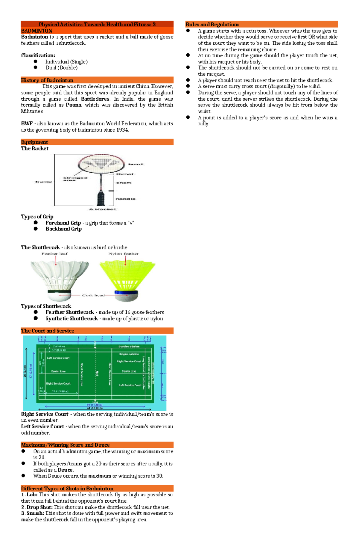 PE Finals - Lectures on Badminton for PE 3 - Physical Activities ...