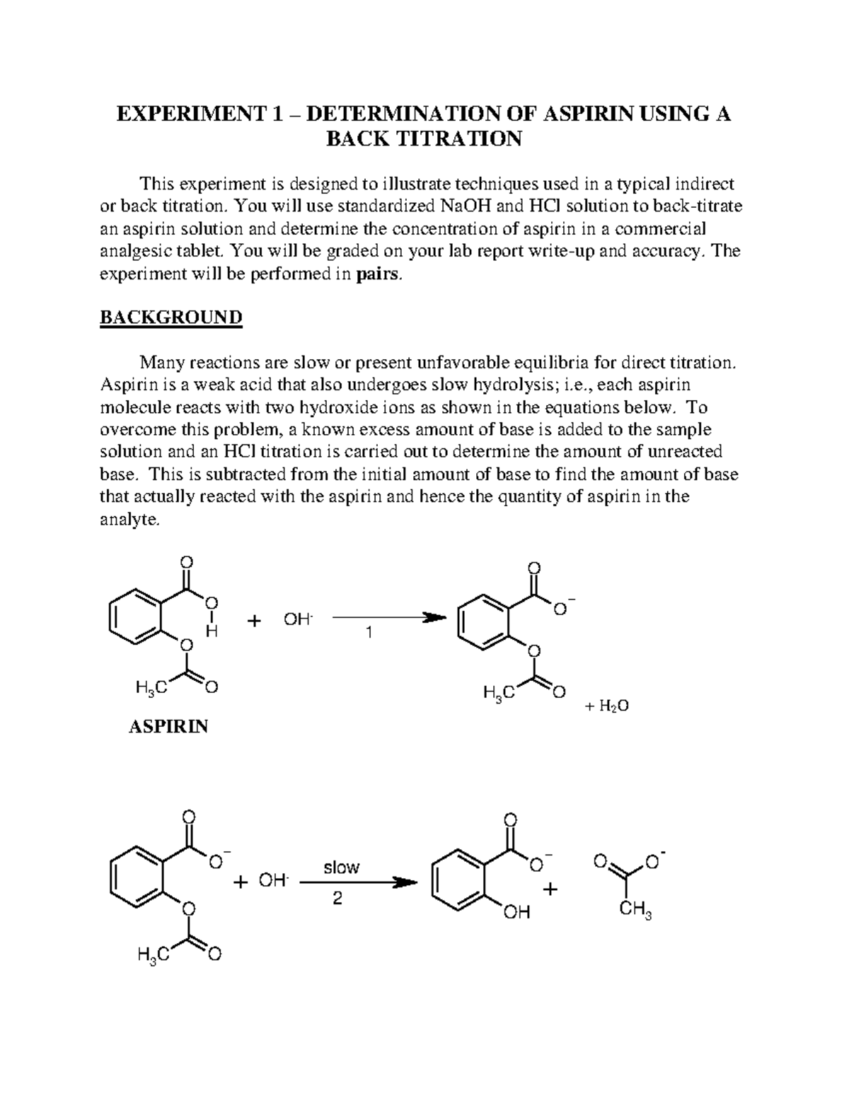 CHEM 208 Experiment 1: Back Titration of Aspirin Analysis - Studocu