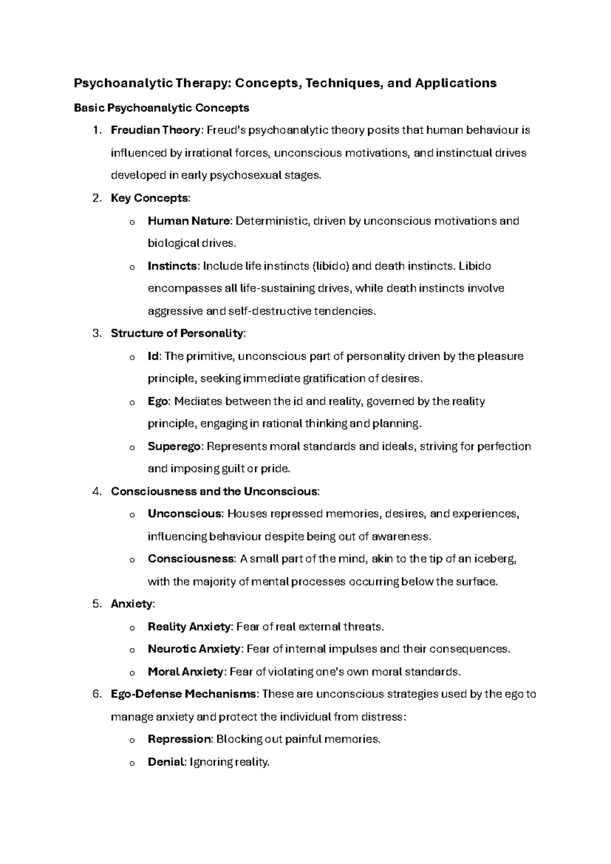 Psychoanalytic Therapy Notes: Key Concepts & Techniques Overview - Studocu