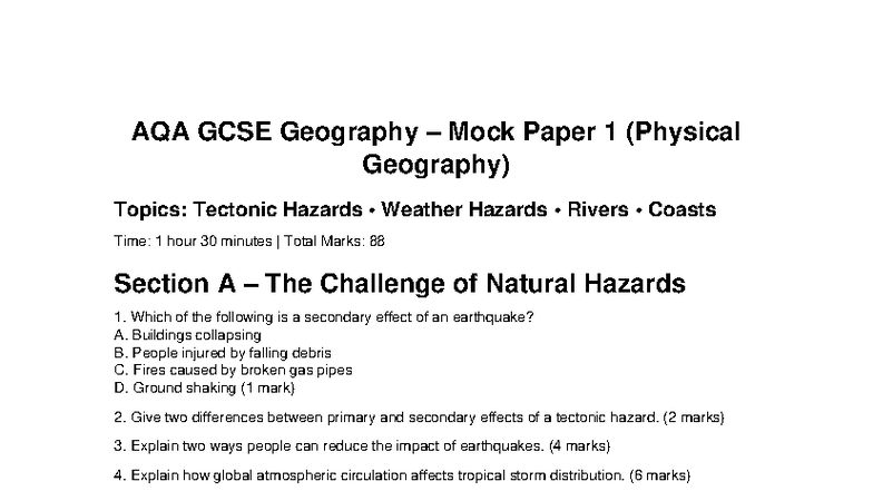 AQA GCSE Geography Mock Papers 1 & 2: Physical & Human Geography - Studocu