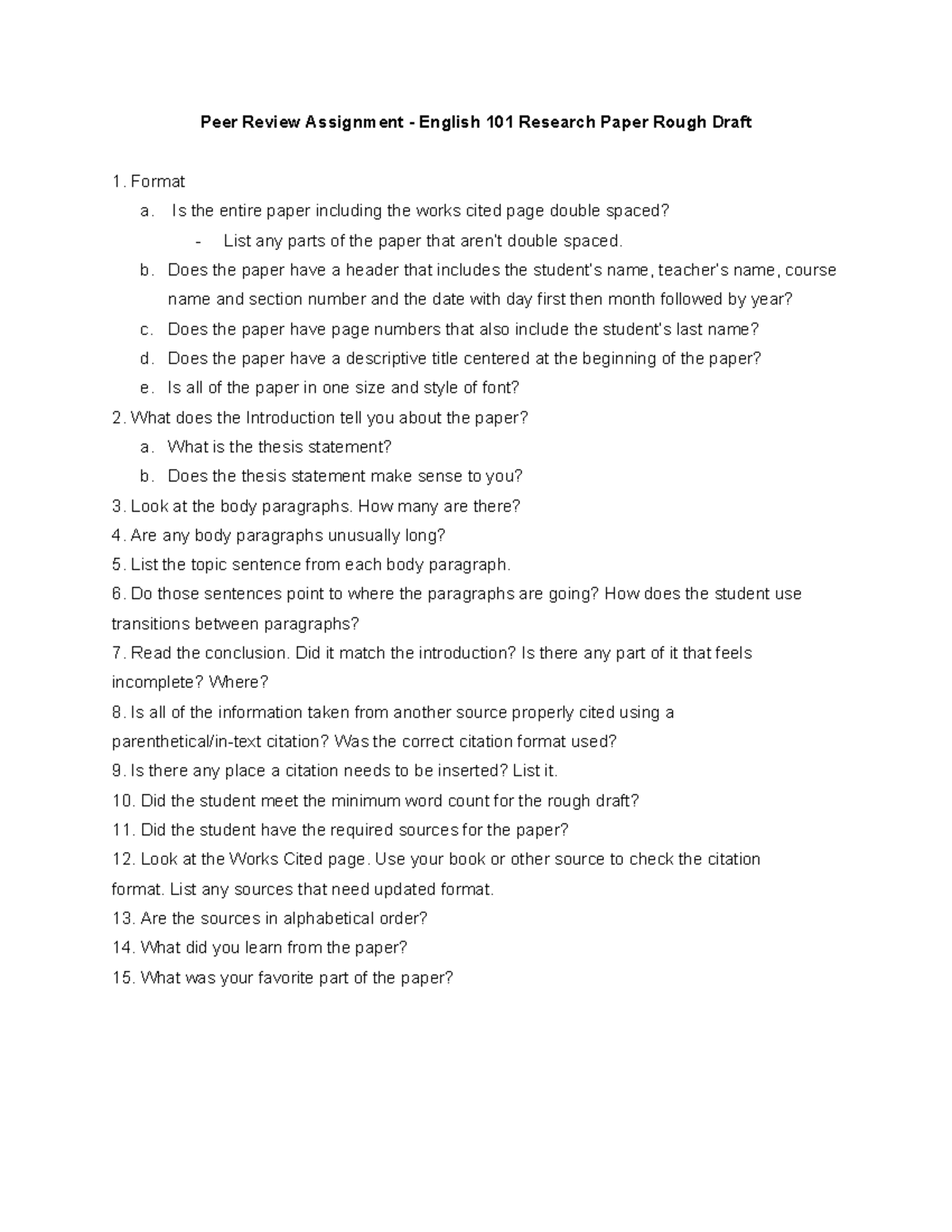 Peer Review Assignment - English 101 Research Paper Draft 1 - Studocu