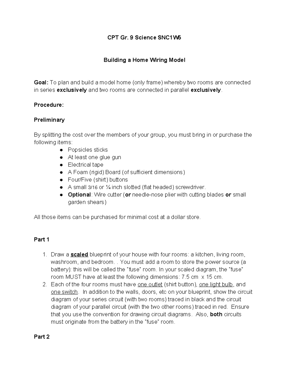 SNC1W5 CPT Gr. 9 Science Home Wiring Model Project Guide - Studocu