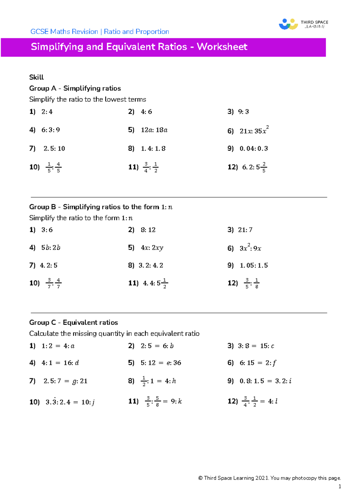 Simplifying & Equivalent Ratios GCSE Worksheet - Third Space Learning ...