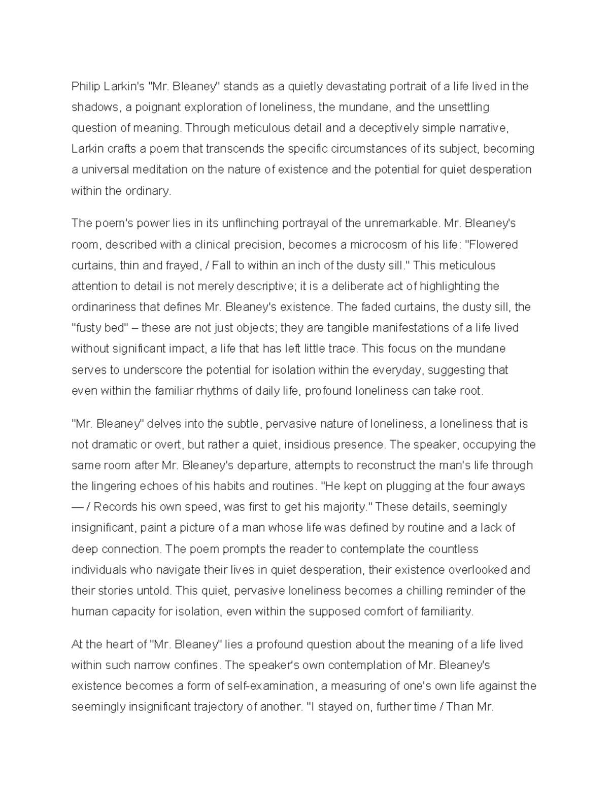 ENG 101: Mr. Bleaney - Poem Summary & Analysis of Loneliness - Studocu