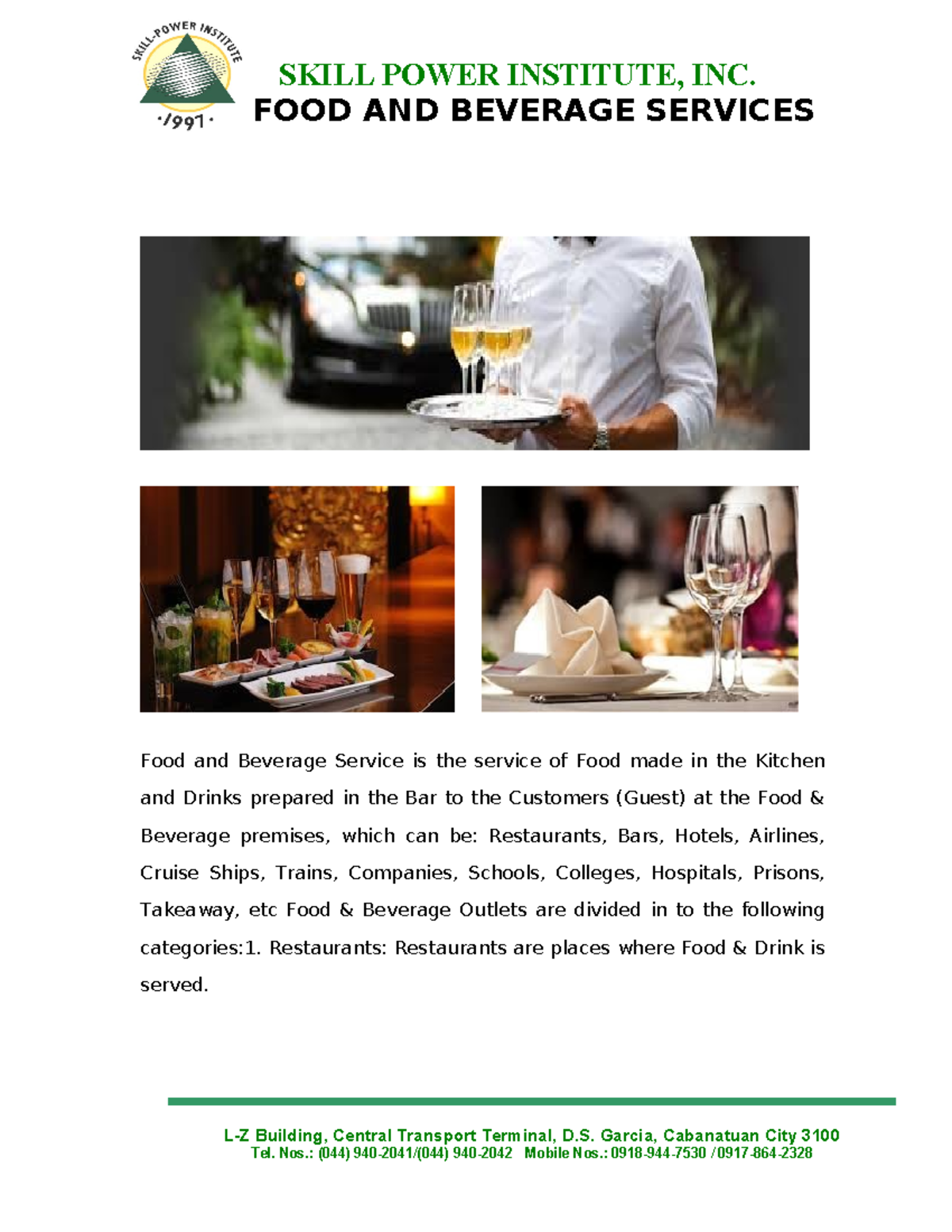 Food and bev - lecture - integrated - FOOD AND BEVERAGE SERVICES Food ...