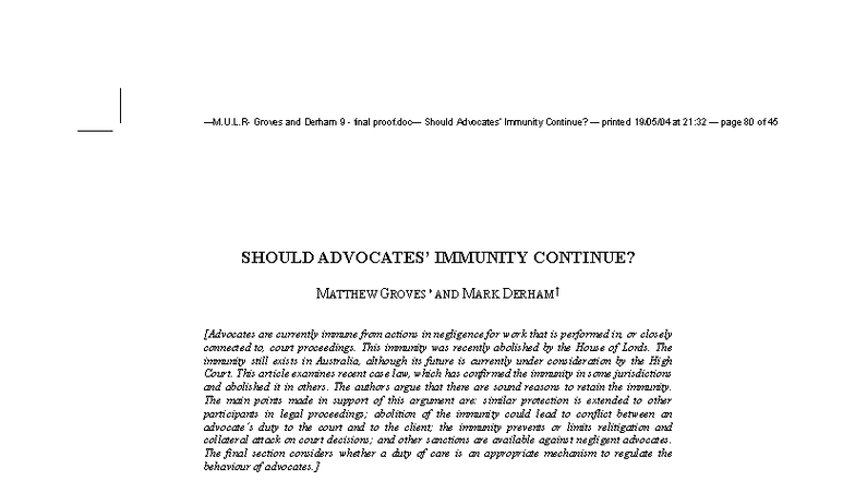 M.U.L.R. Groves and Derham 9 Final Exam: Should Advocates' Immunity ...