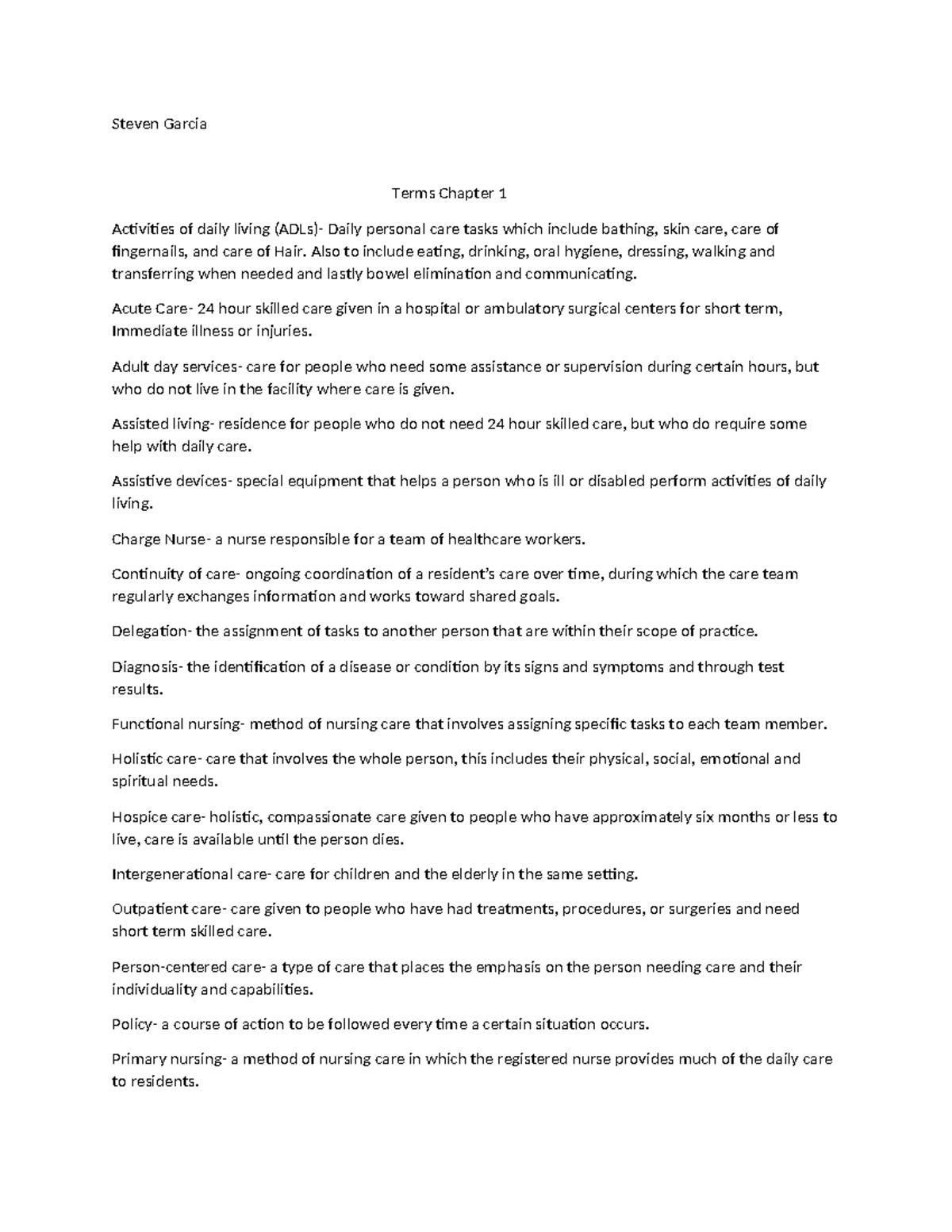 CNA Terms Study Guide: Chapter 1 Key Concepts and Definitions - Studocu