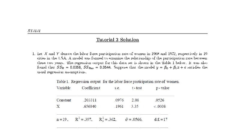ST3131 Tutorial 3 Solutions: Regression Analysis and Hypothesis Testing ...