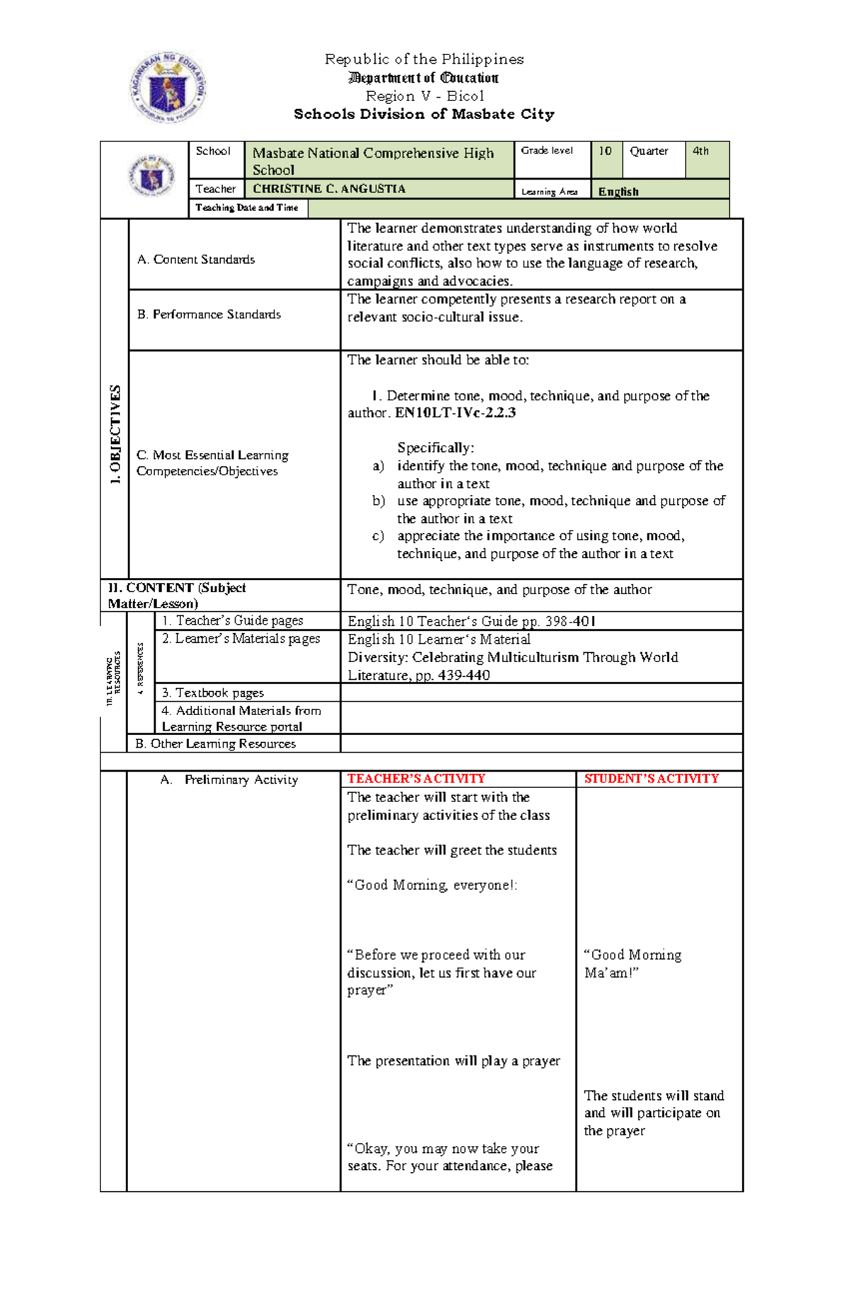 Detailed Lesson Plan in English 10: Understanding Tone, Mood, and ...
