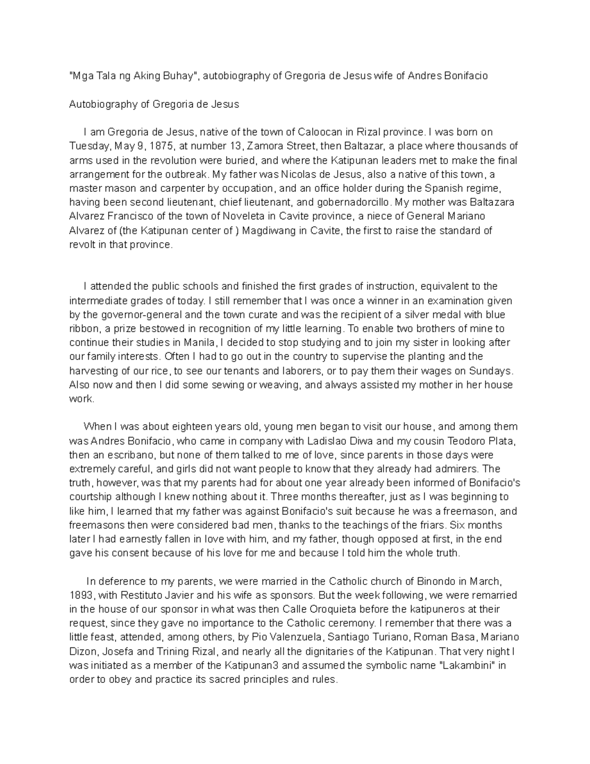 Mga Tala ng Aking Buhay: Autobiography of Gregoria de Jesus - Studocu