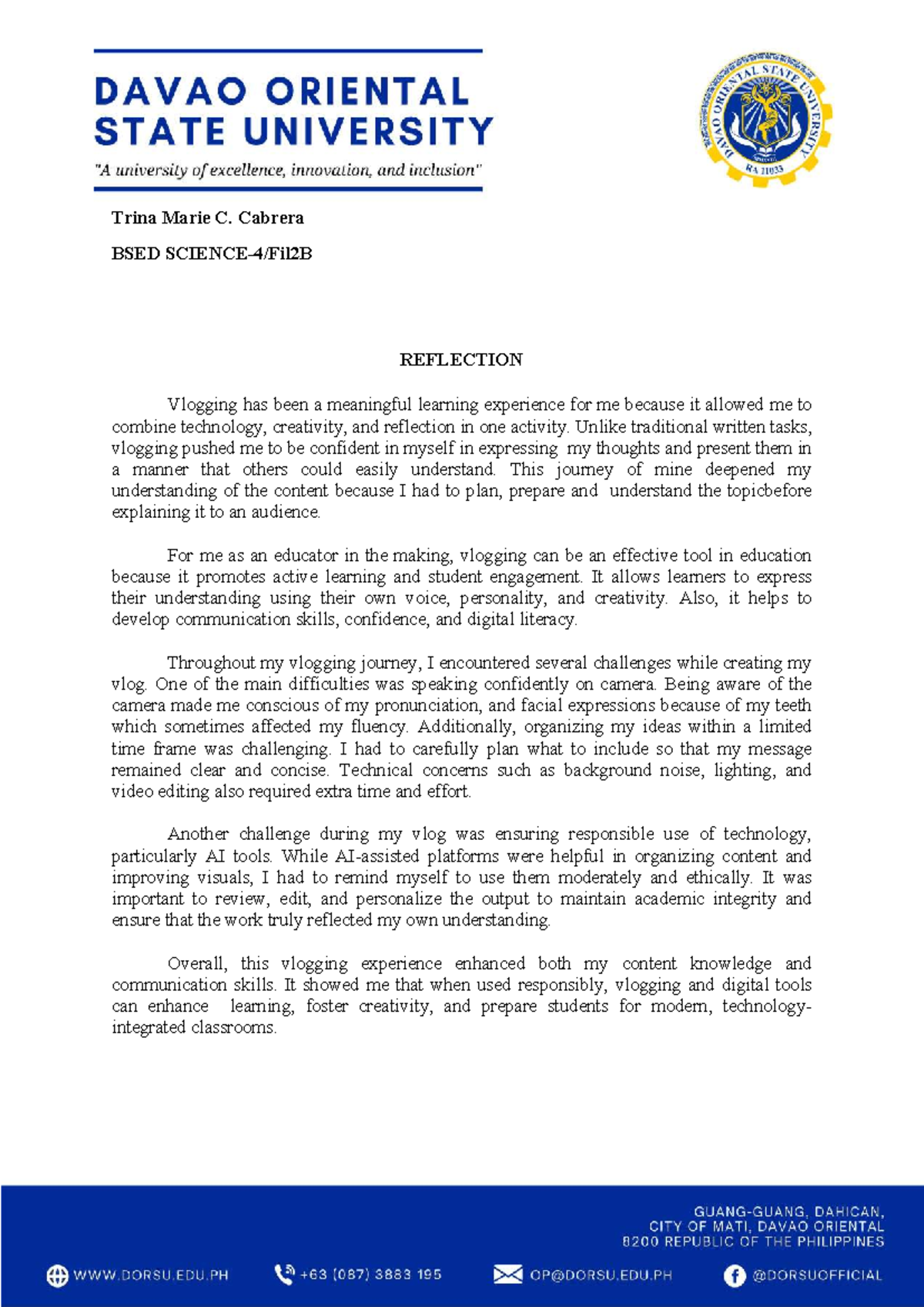 EDUC103 Reflection: My Vlogging Journey in Learning and Growth - Studocu