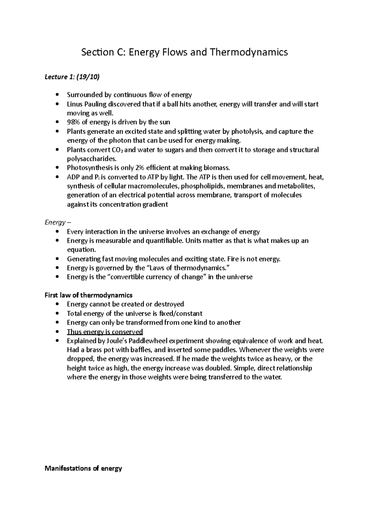 Section C: Energy Flow and Thermodynamics - Lecture Notes (ECO 101 ...